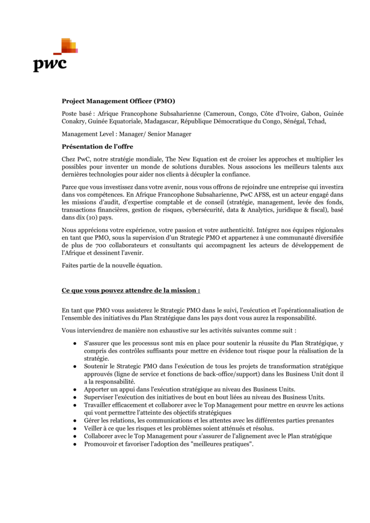 PwC Recrute un Responsable de la gestion de projet, Afrique Francophone ... PwC Recrute un Responsable de la gestion de projet, Afrique Francophone ...